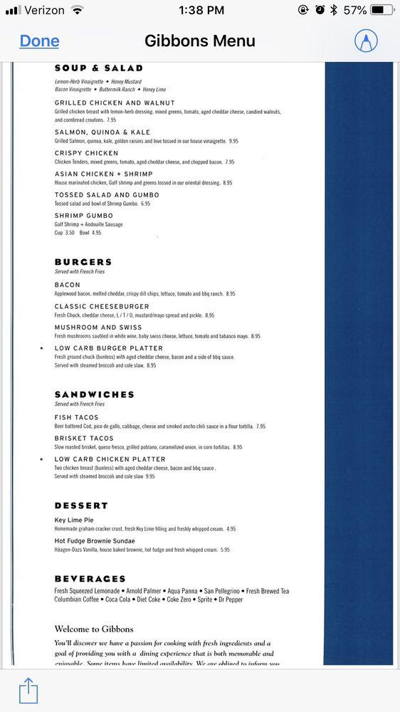 Menu at Gibbons Fine Grill restaurant, Shreveport