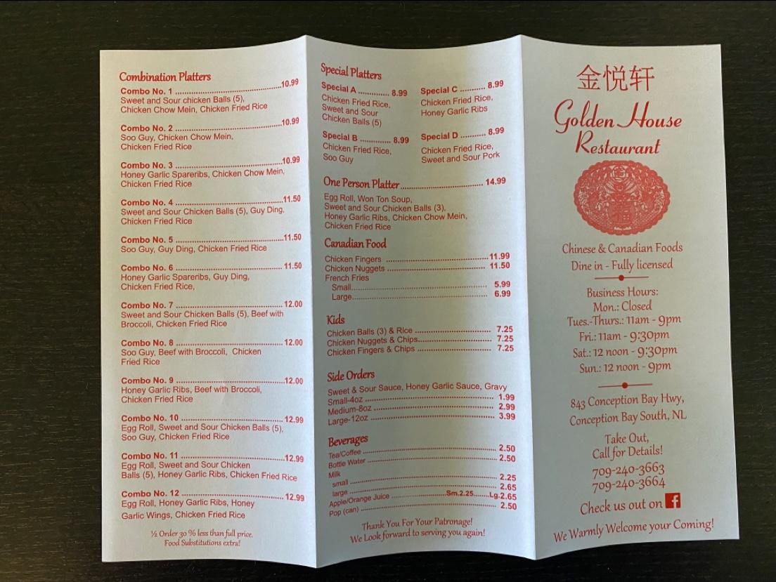 Menu at Golden House Restaurant, Conception Bay South
