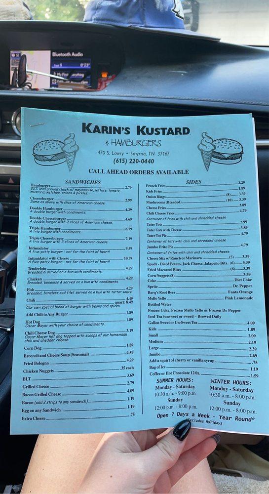 Menu at Karin's Kustard & Hamburgers fast food, Smyrna