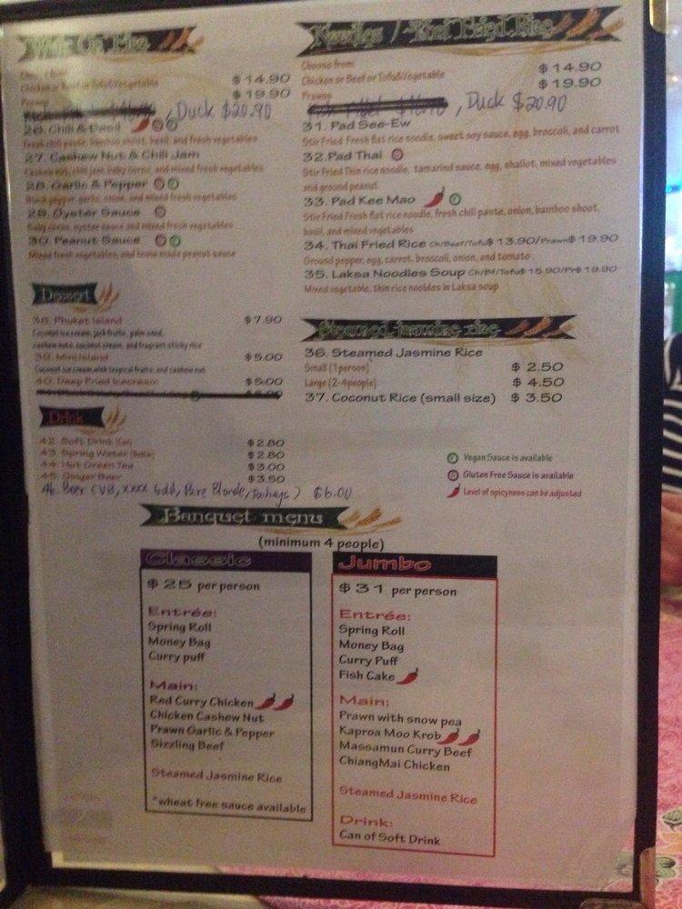 Menu at Memory Thai restaurant, Coffs Harbour