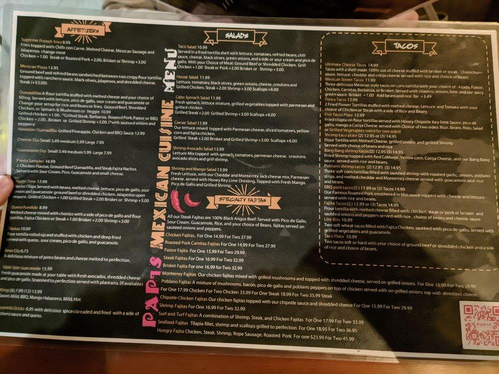 Menu at Papis pub & bar, Denham Springs, S Range Ave