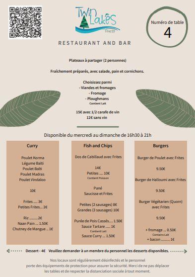 Menu au Twin Lakes Campsite France, Souméras