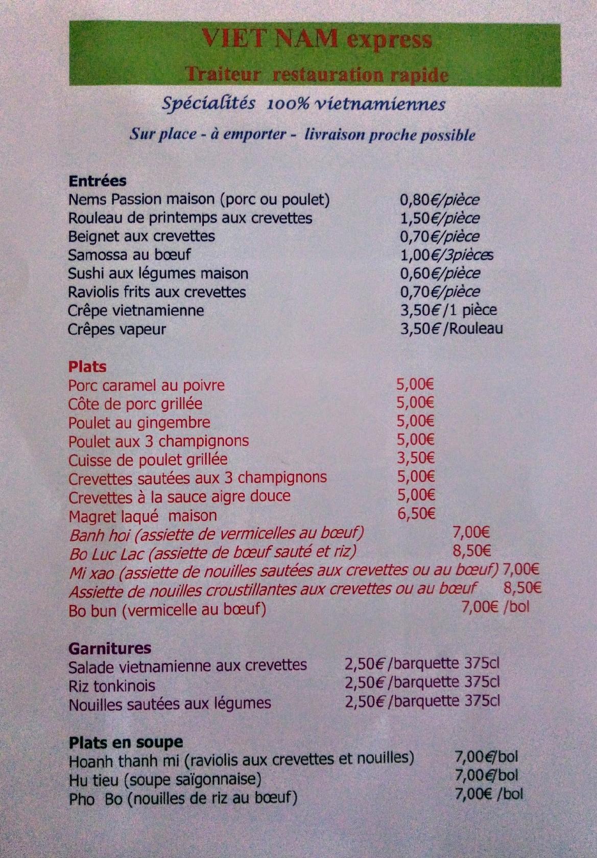 Menu au Vietnam Express restaurant, Limoges