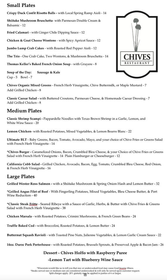 Menu at Chives Restaurant, Suamico