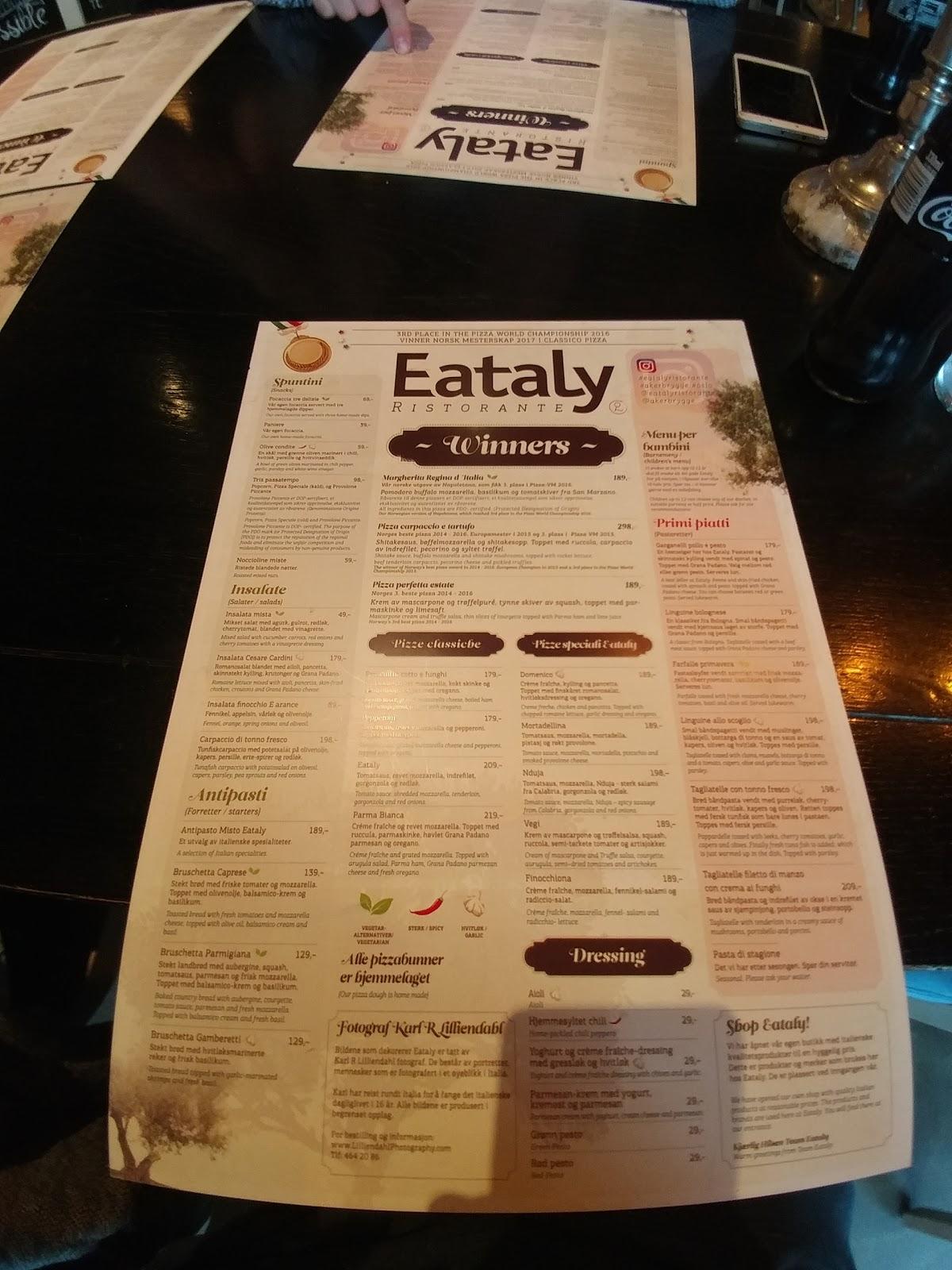 Menu at Eataly cafe, Oslo
