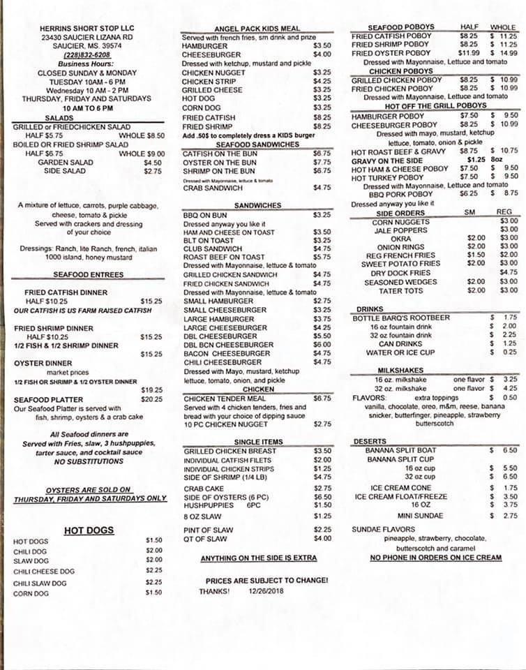 Menu at Herrin's Short Stop restaurant, Saucier