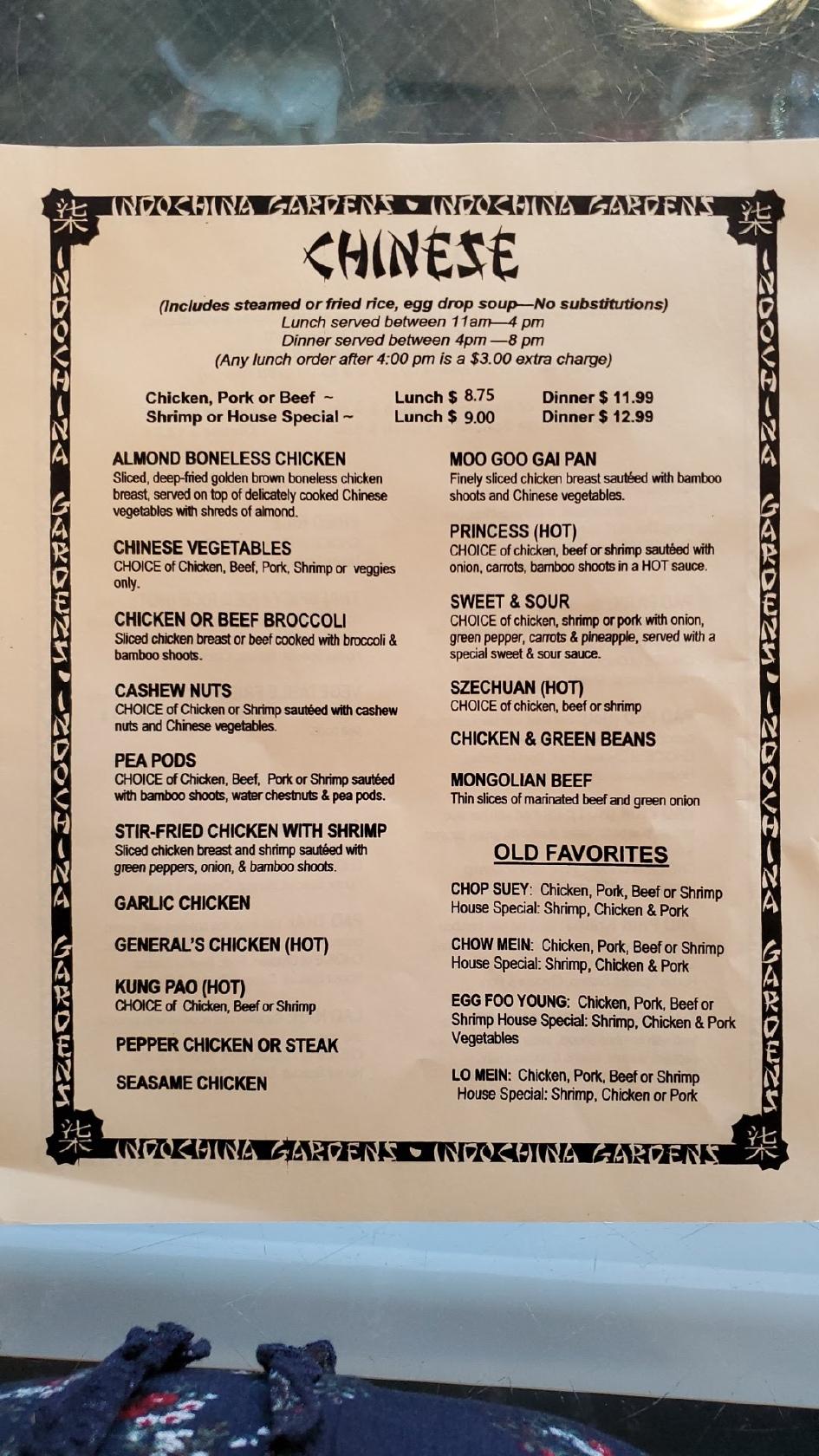 Menu at Indo-China Garden restaurant, Kalkaska
