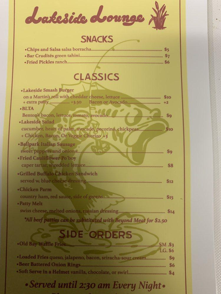 Menu at Lakeside Lounge pub & bar, Nashville