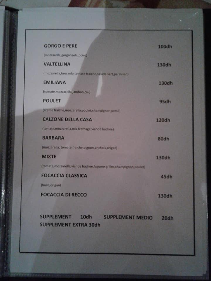 Menu at Mamma Caterina restaurant, Agadir
