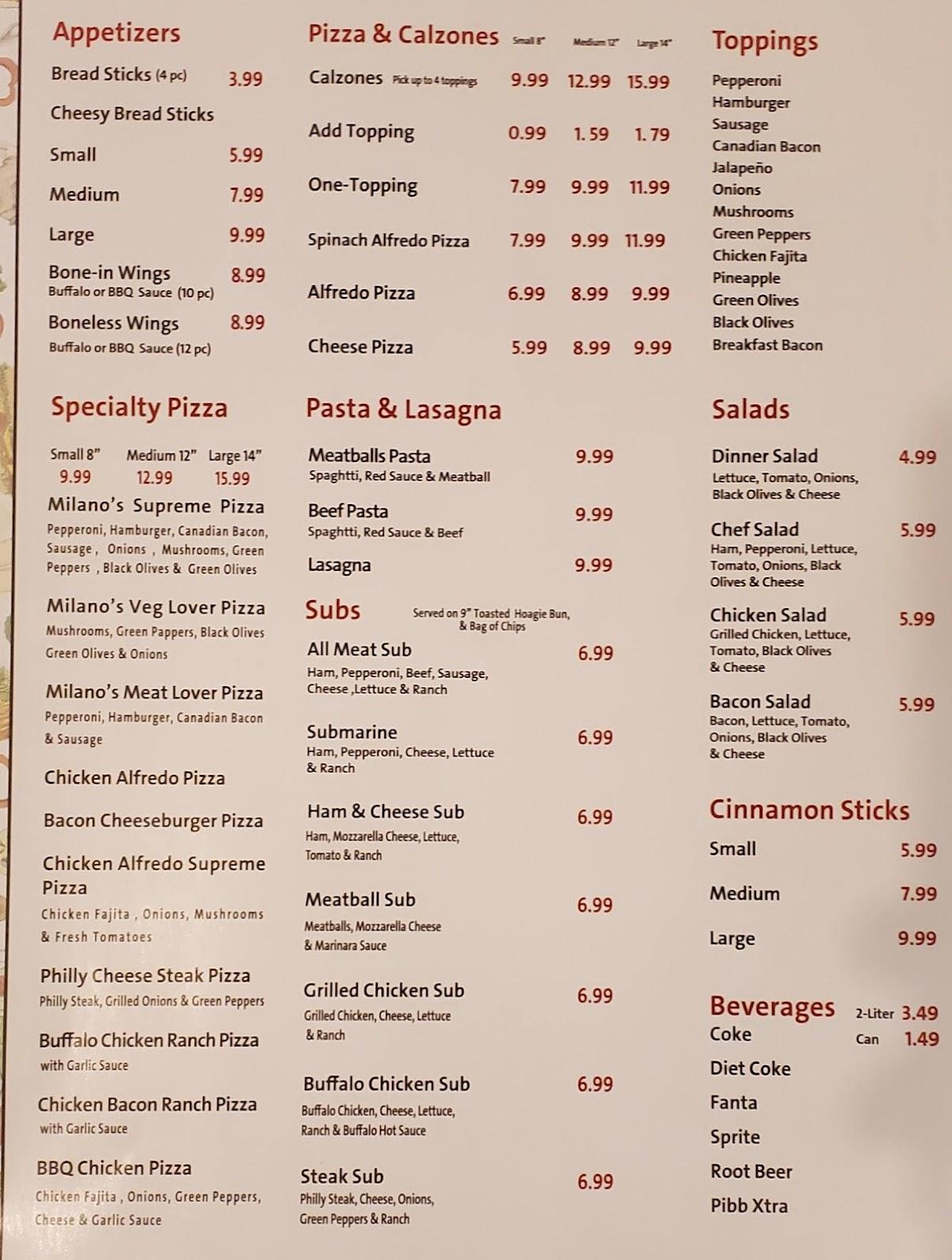 Menu at Milano's Pizza pizzeria, Dublin, 231 S Patrick St