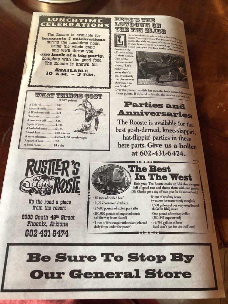 Menu at Rustler’s Rooste steakhouse, Phoenix