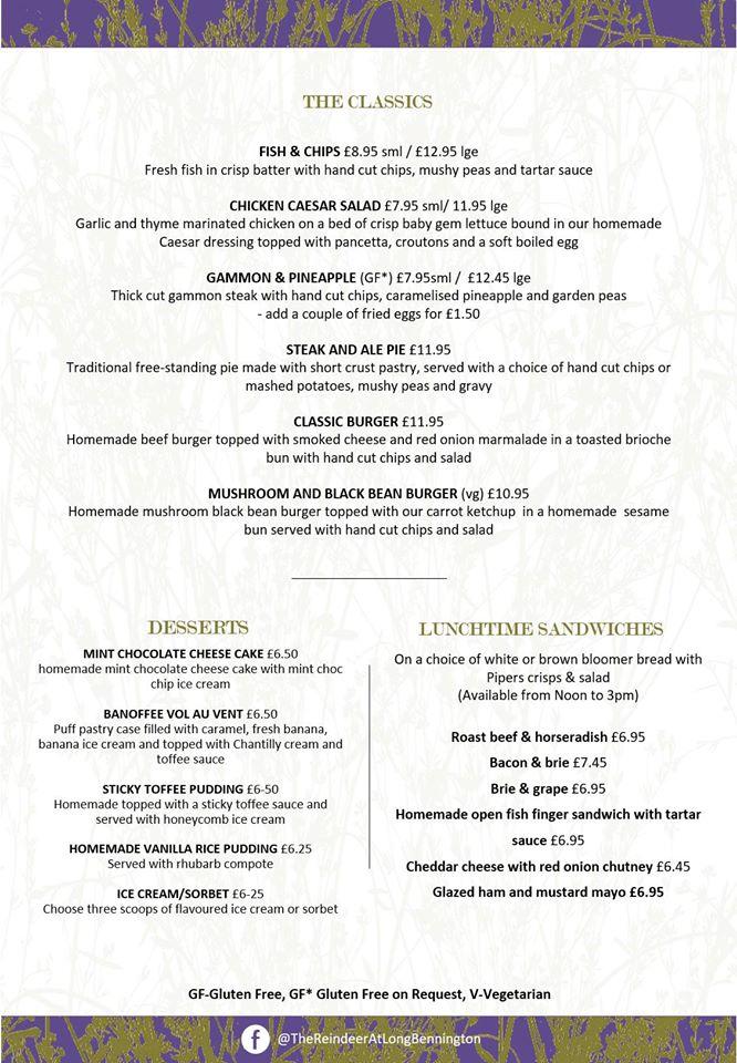 Menu at The Reindeer at Long Bennington pub & bar, Long Bennington