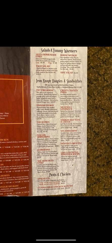 Menu at Vi's Pizza & TNT Bar, Biwabik, 301 Main St