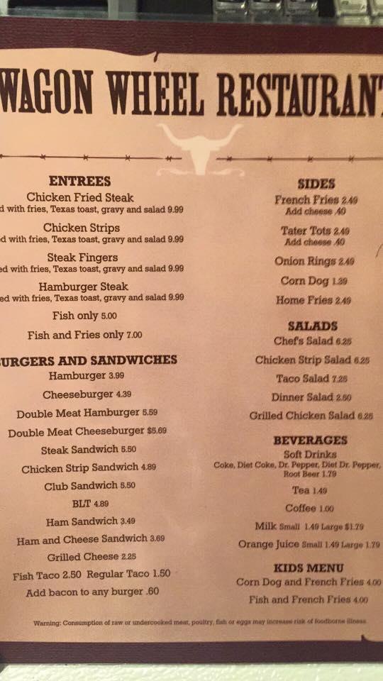 Menu at Wagon Wheel restaurant, Wapanucka