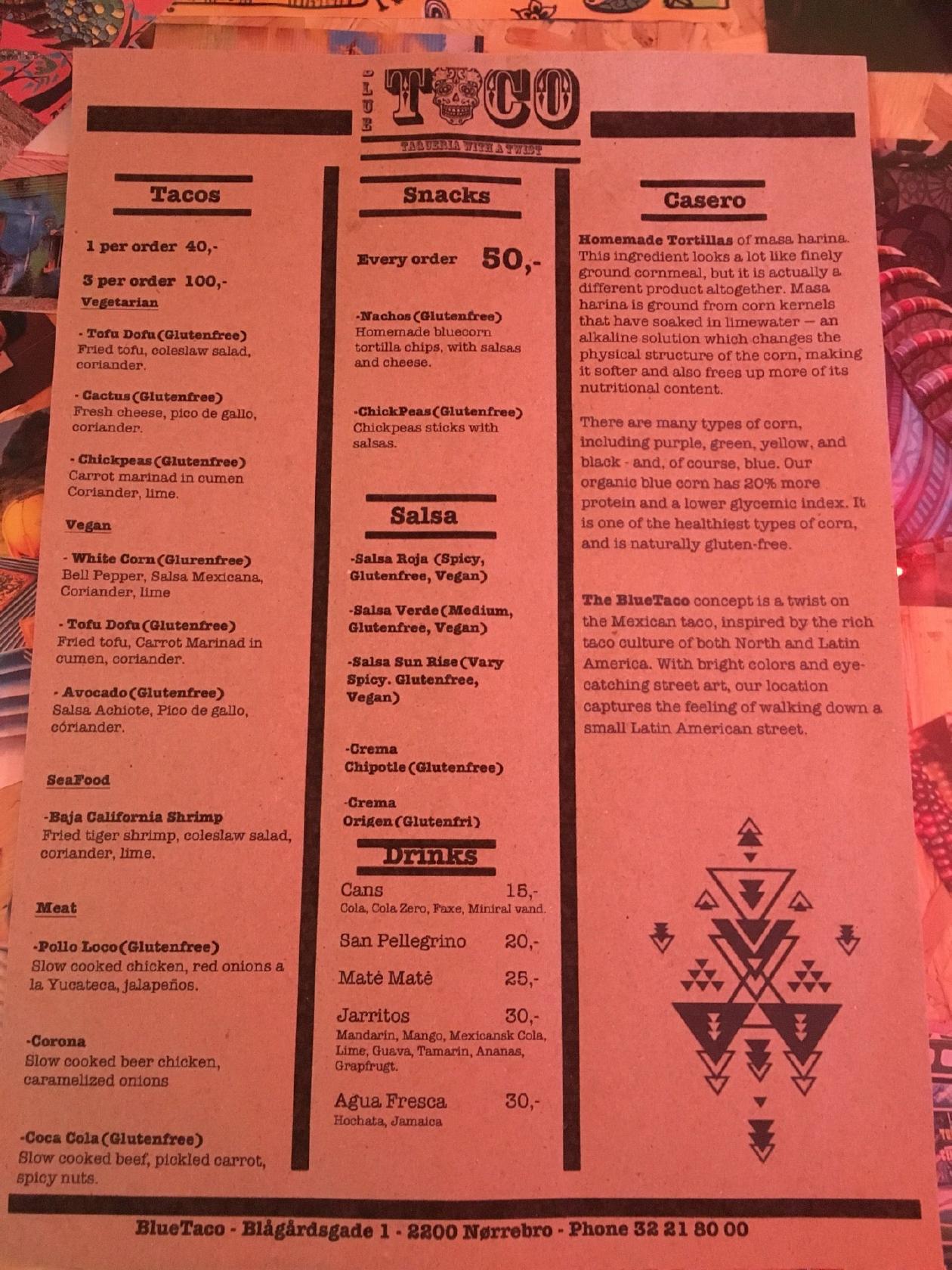 Menu at Blue Taco restaurant, Copenhagen
