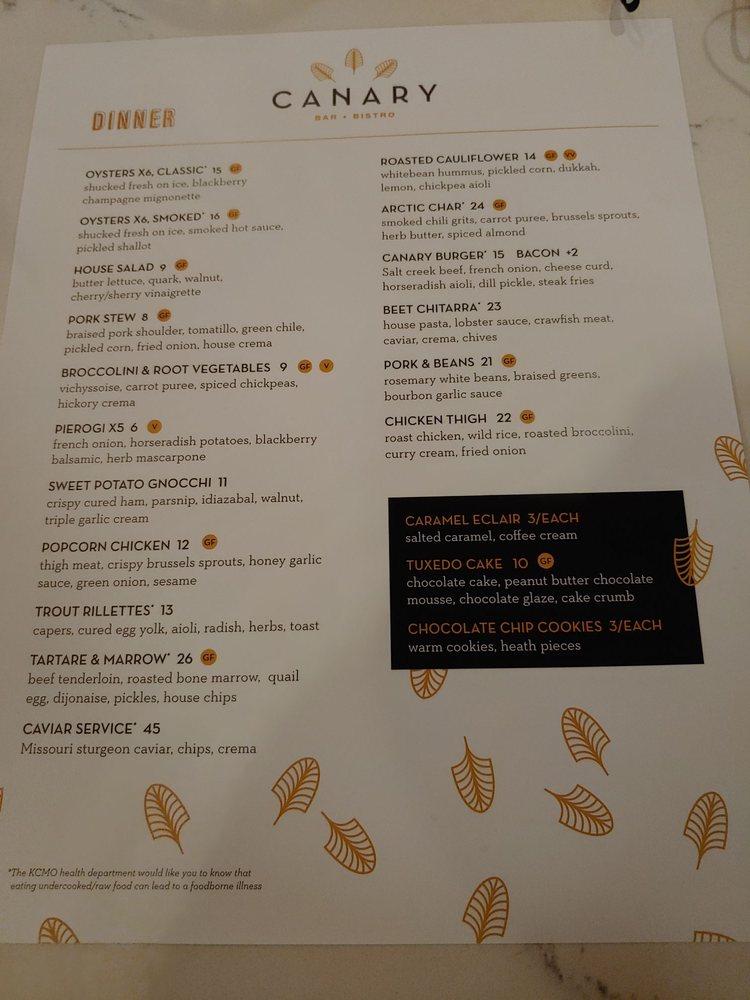 Menu at Canary pub & bar, Kansas City, Main St