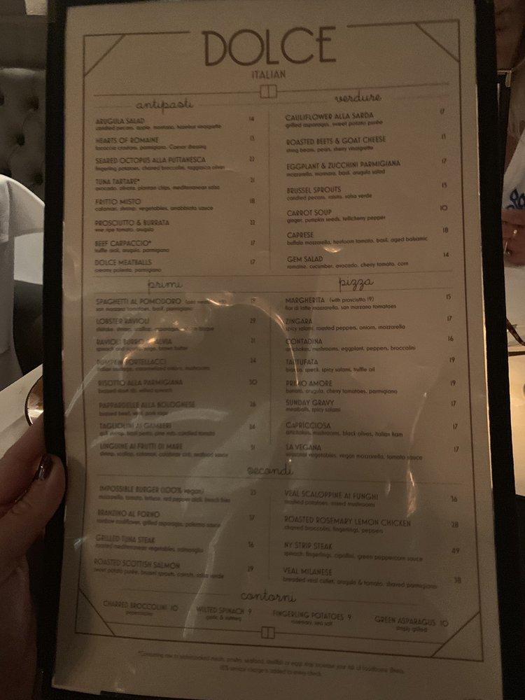 Menu at Dolce Italian Miami restaurant, Miami Beach