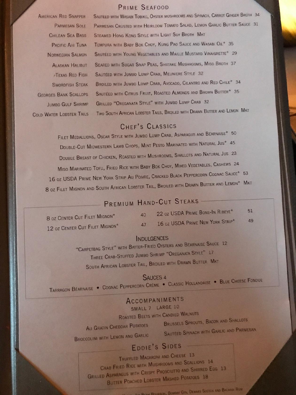 Menu at Eddie V's Prime Seafood steakhouse, Austin, B Arboretum Blvd