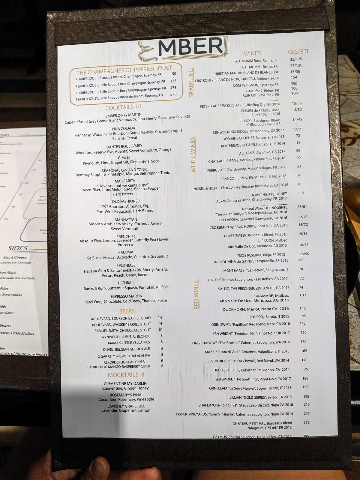 Menu at Ember Miami restaurant, Miami
