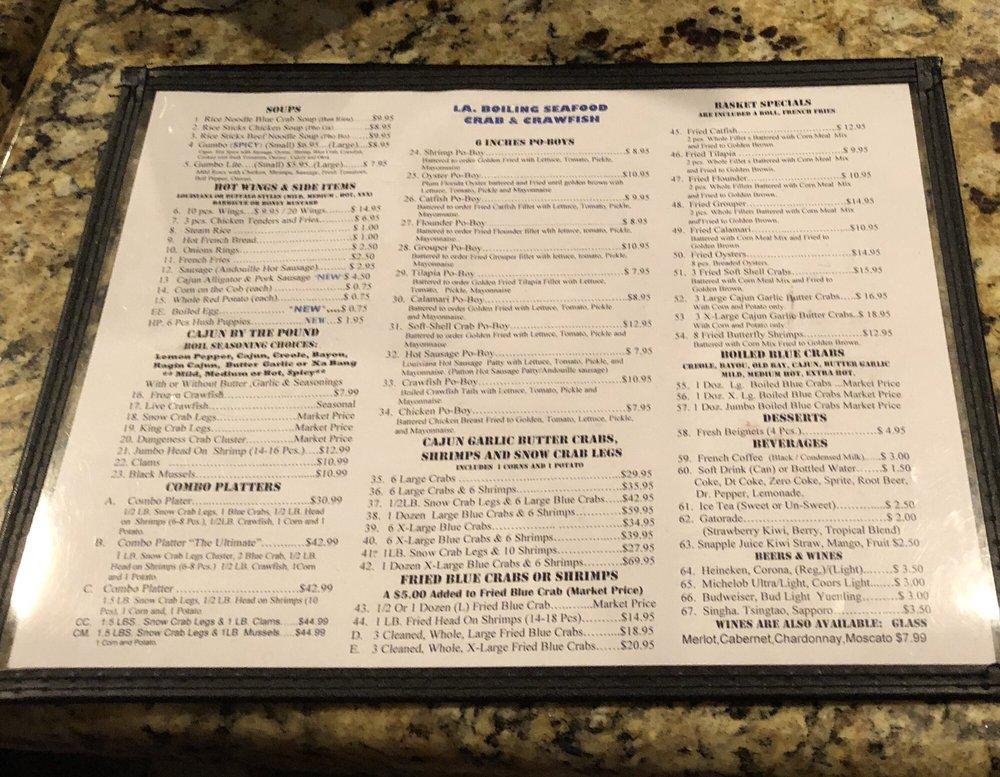 Menu at LA. Boiling Seafood Crab & Crawfish restaurant, Orlando