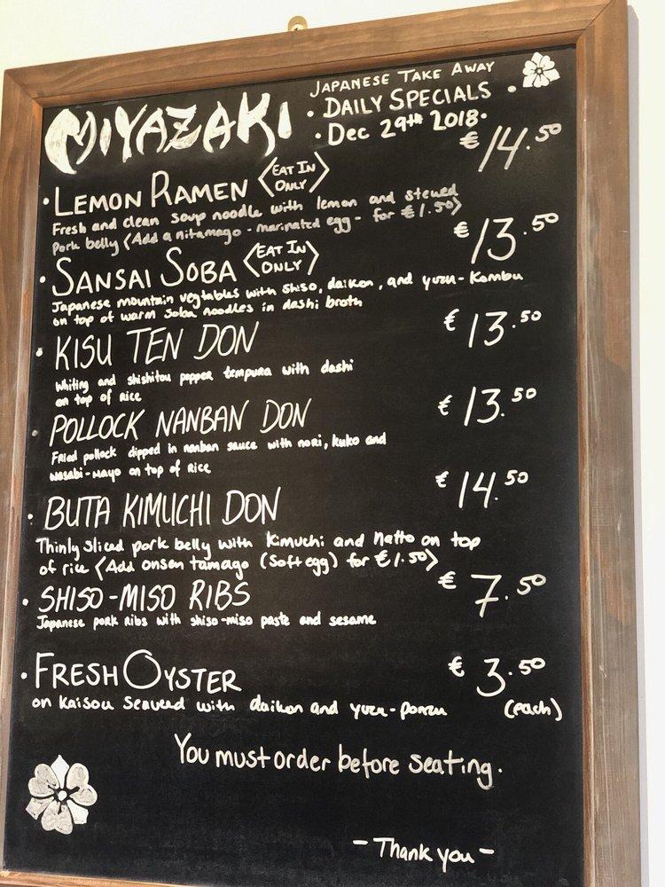 Menu at Miyazaki Japanese Take Away restaurant, Cork
