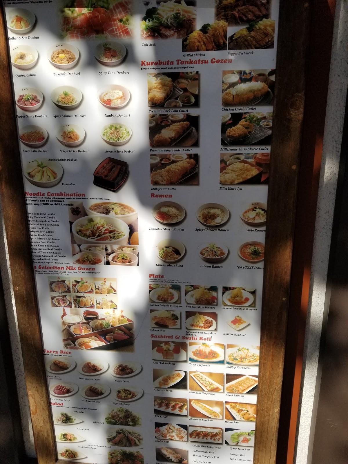 Menu at TOT Little Tokyo restaurant, Los Angeles
