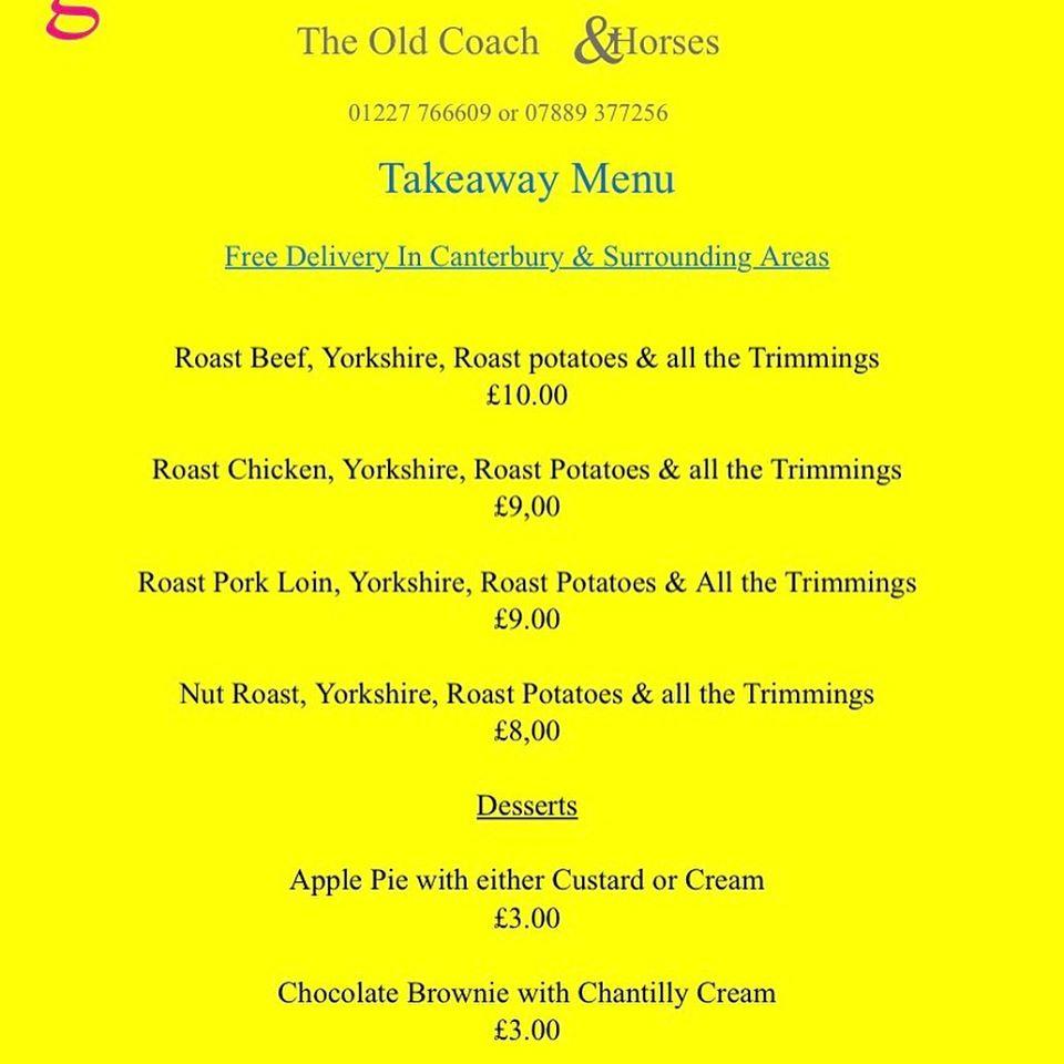 Menu at The Old Coach & Horses pub & bar, Canterbury
