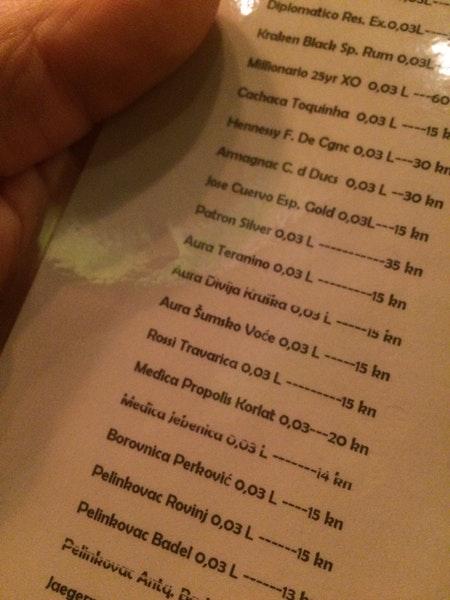 Menu at Bistro Alegria restaurant, Zagreb