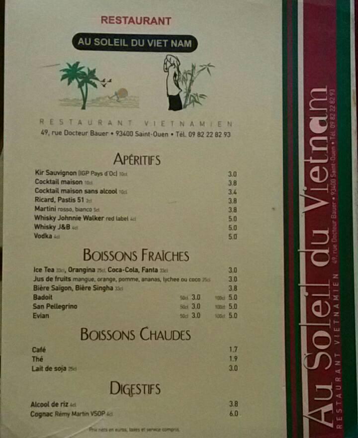 Menu at Au Soleil du Vietnam restaurant, Saint-Ouen