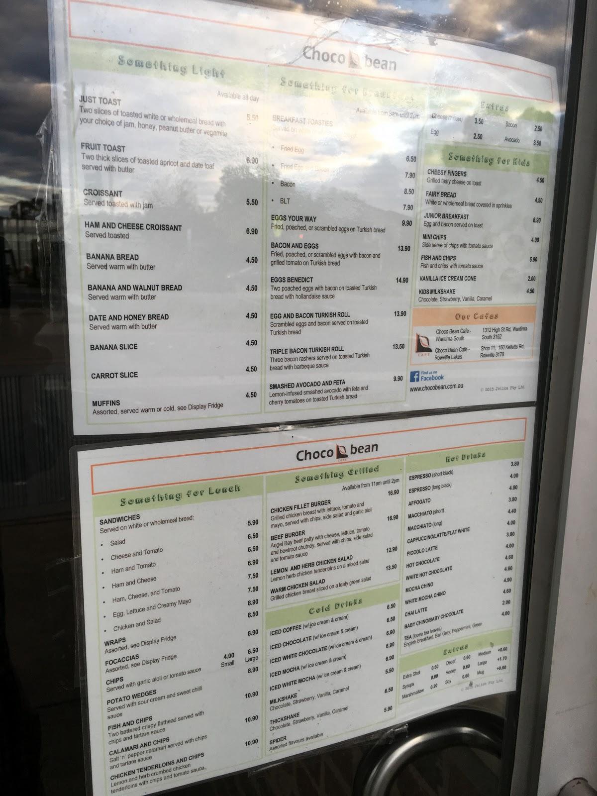 Menu at Choco Bean Cafe, Rowville, Rowville Lakes Shopping Centre