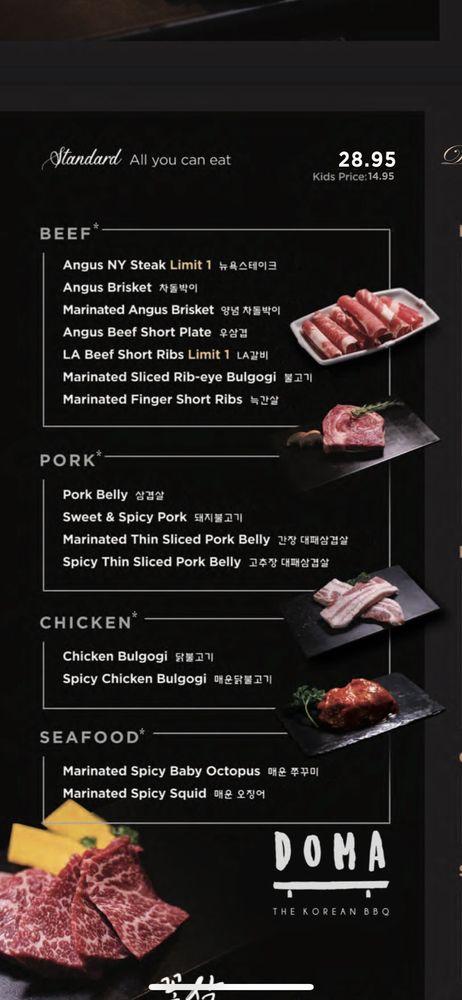 Menu at DOMA The Korean BBQ, Las Vegas