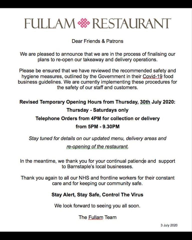 Menu at Fullam Restaurant, Barnstaple