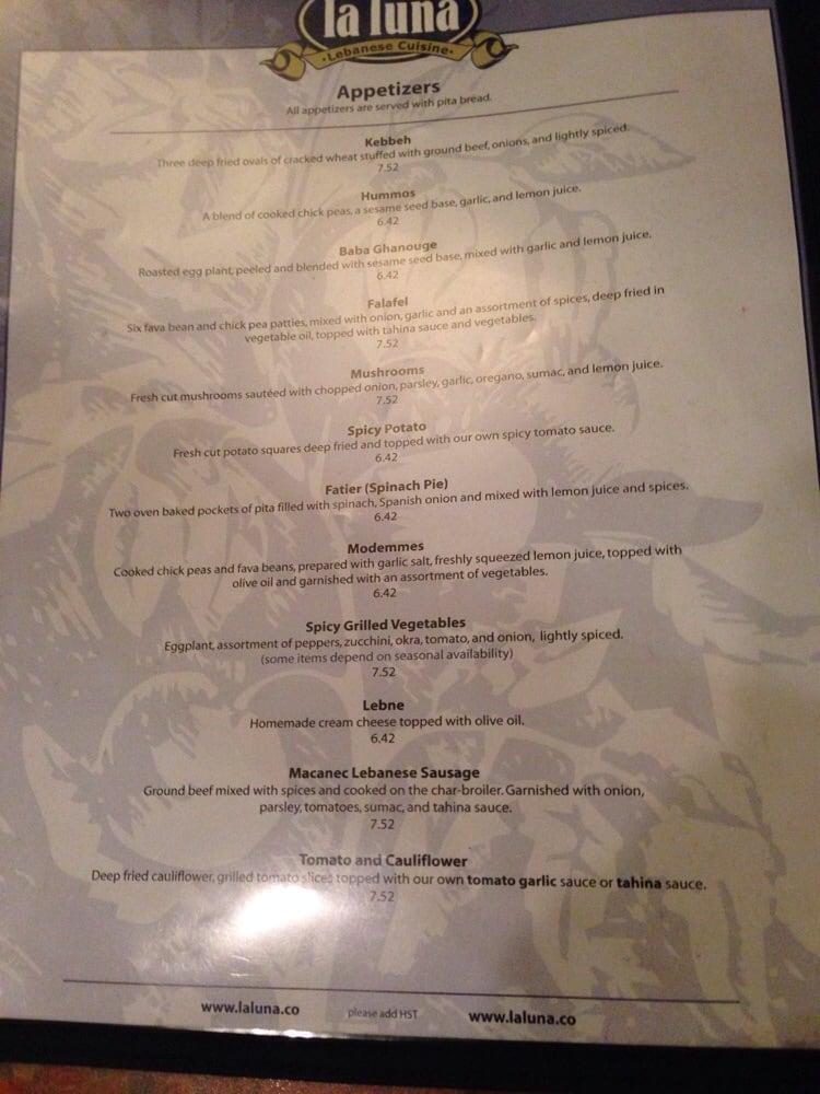 Menu at La Luna Mountain restaurant, Hamilton, 650 Concession St