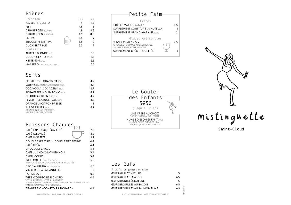 Menu au Mistinguette Saint Cloud pub et bar, Saint-Cloud