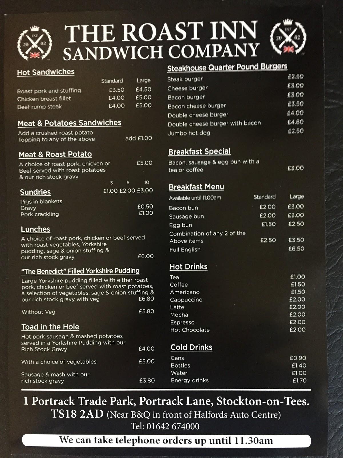 Menu at The Roast Inn Sandwich Company restaurant, Stockton-on-Tees