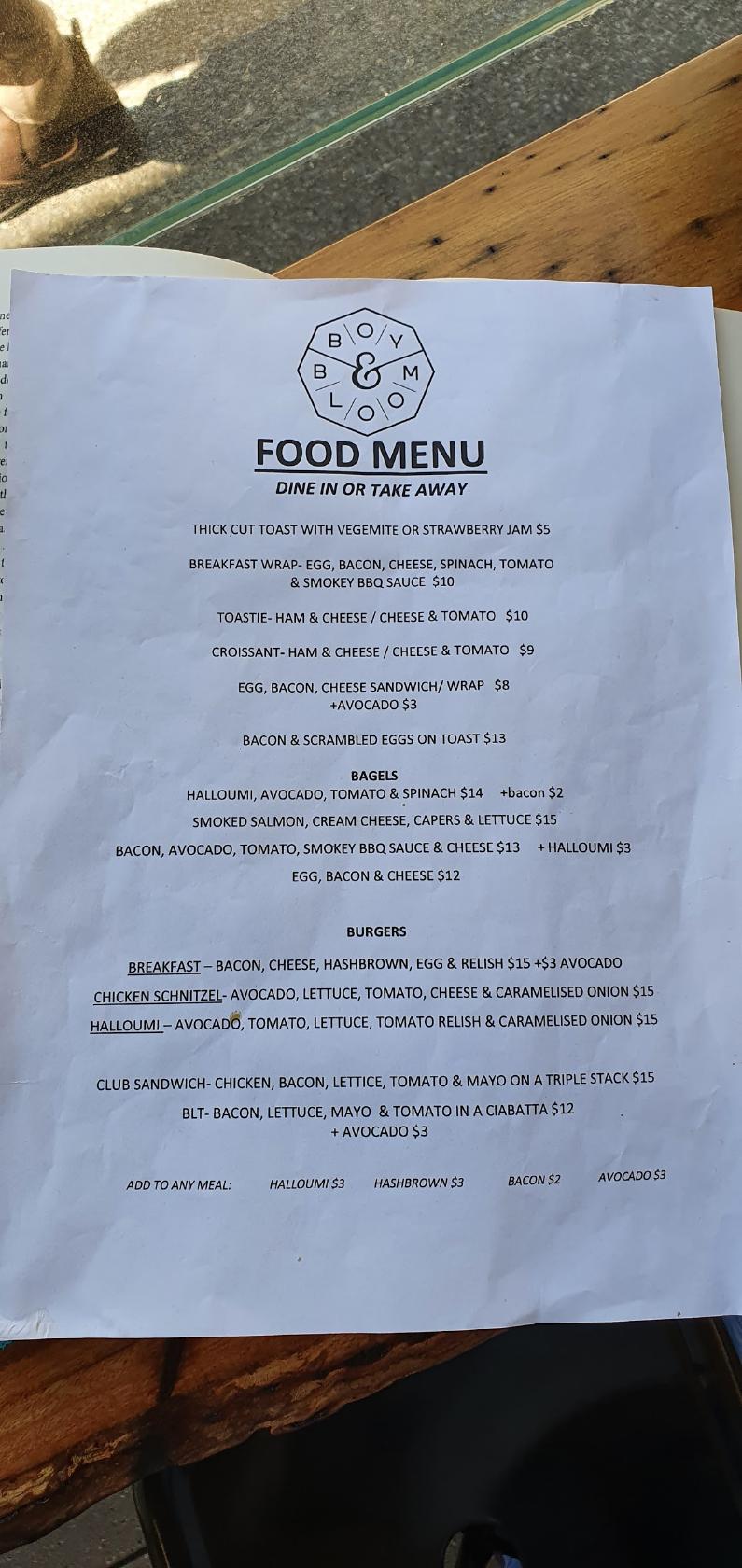 Menu at Boy & Bloom cafe, Adelaide