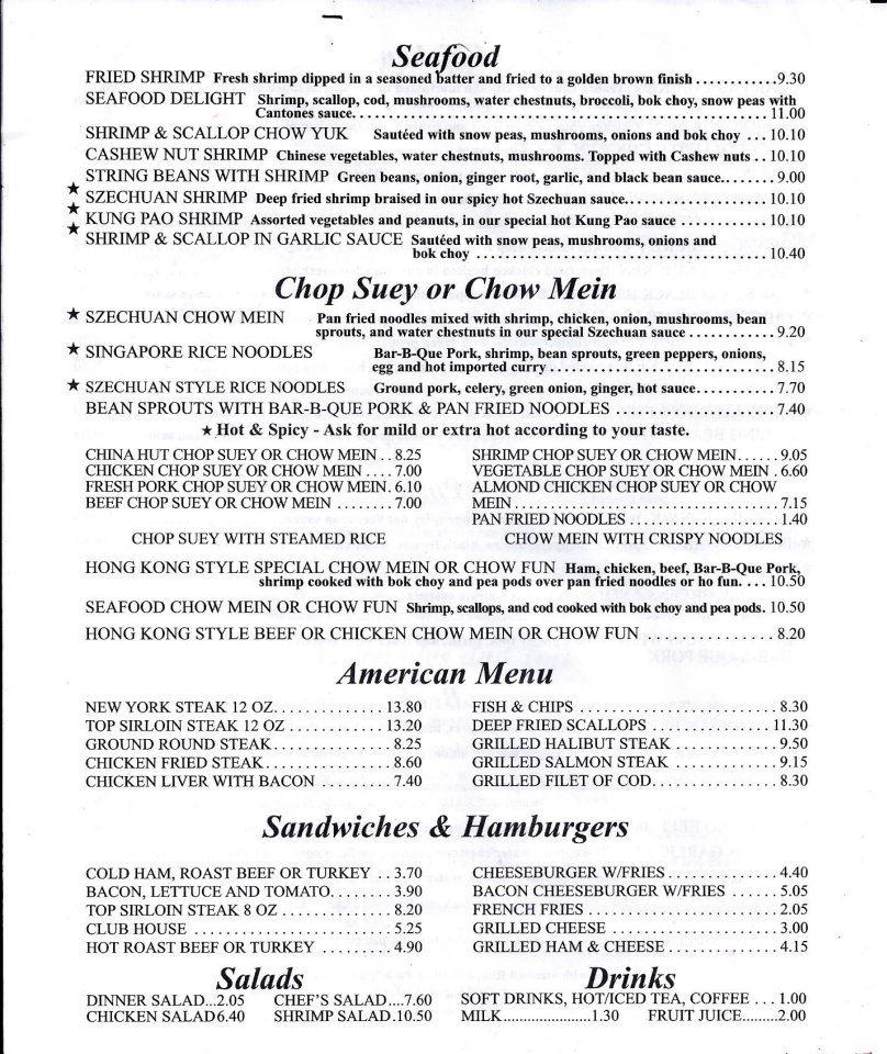 Menu at China Hut restaurant, Grants Pass
