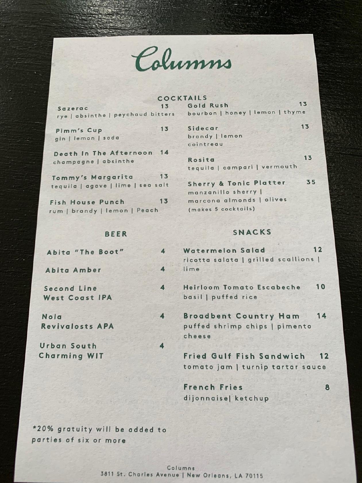 Menu at Columns restaurant, New Orleans, St Charles Ave