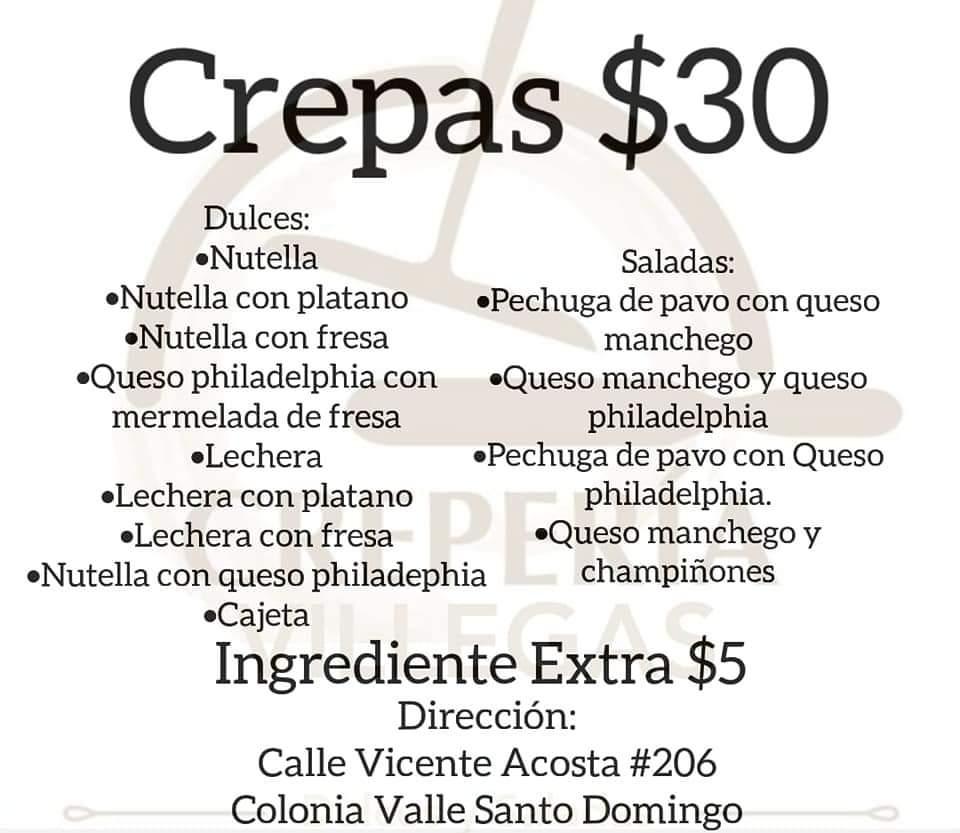 Menu at Crepería Villegas restaurant, San Nicolás de los Garza