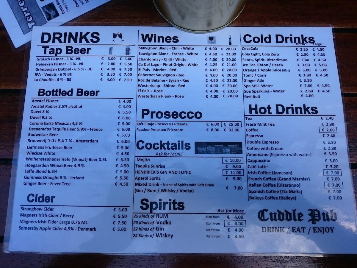 Menu at Cuddle Pub, Amsterdam