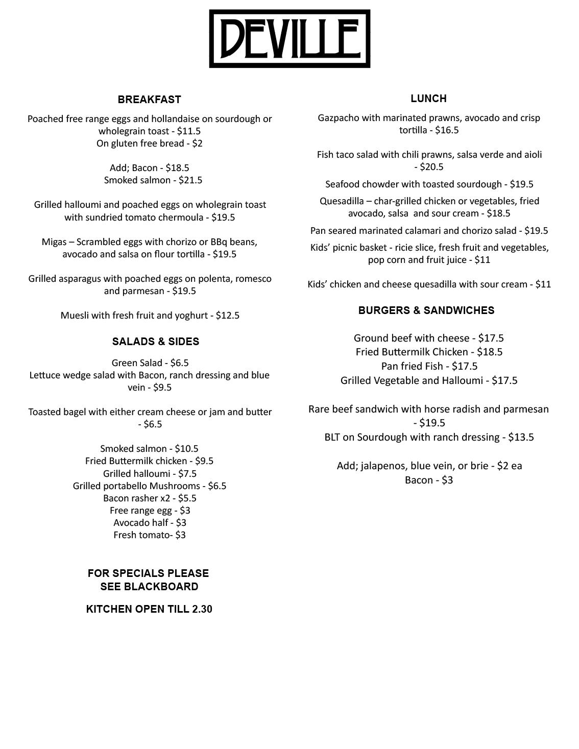 Menu at DeVille cafe, Nelson