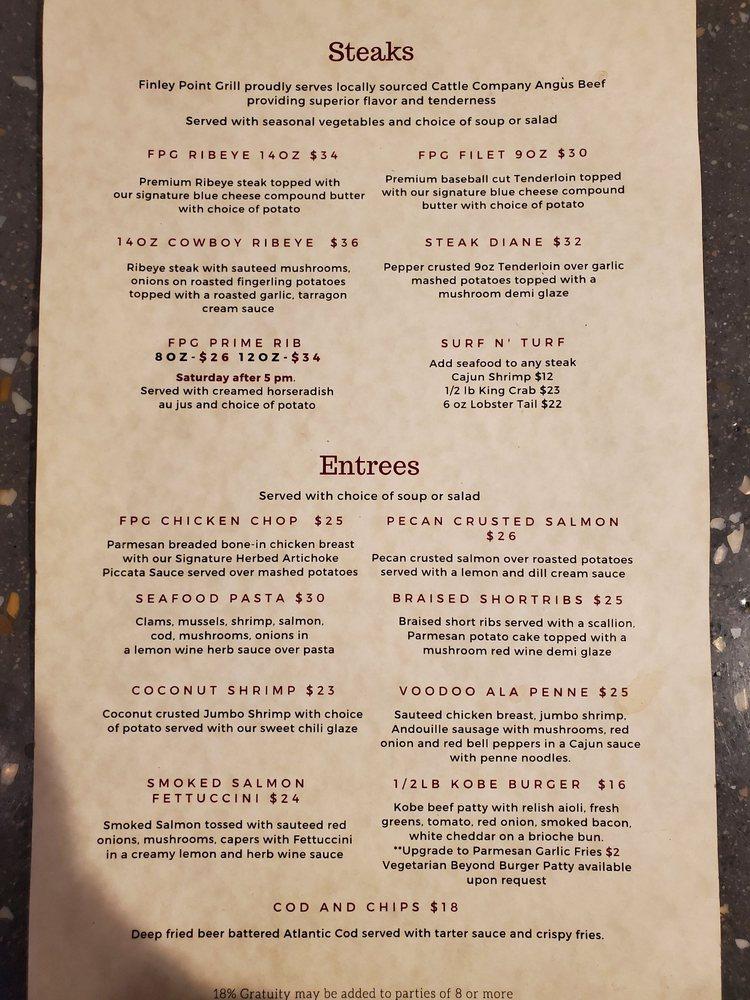 Menu at Finley Point Grill pub & bar, Finley Point