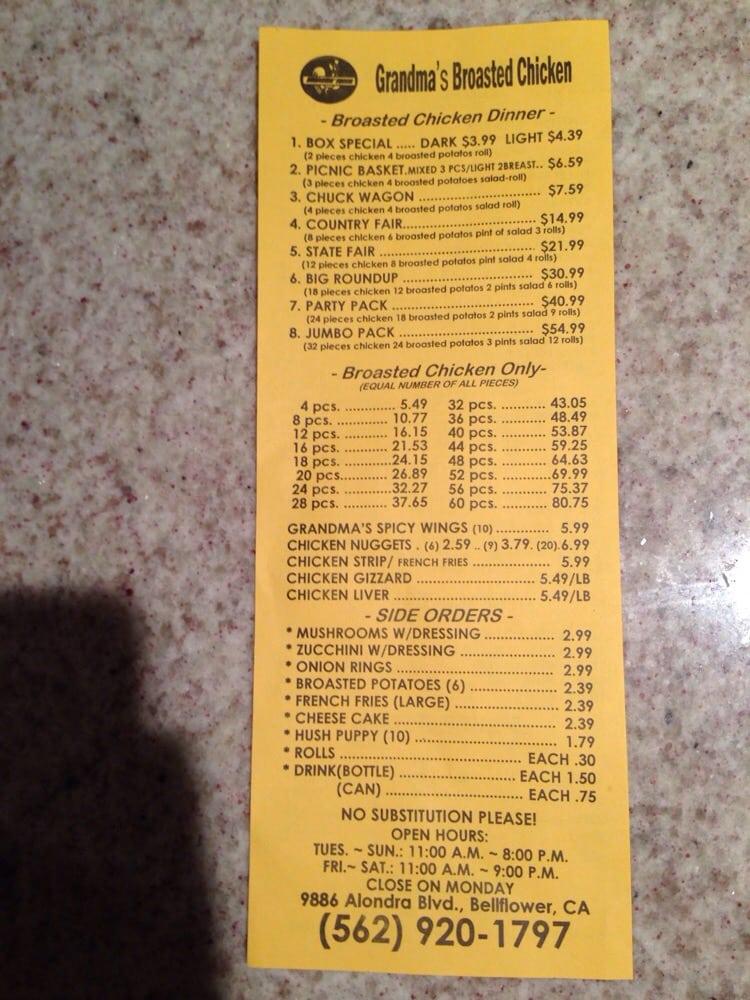 Menu at Grandma's Broasted Chicken restaurant, Bellflower