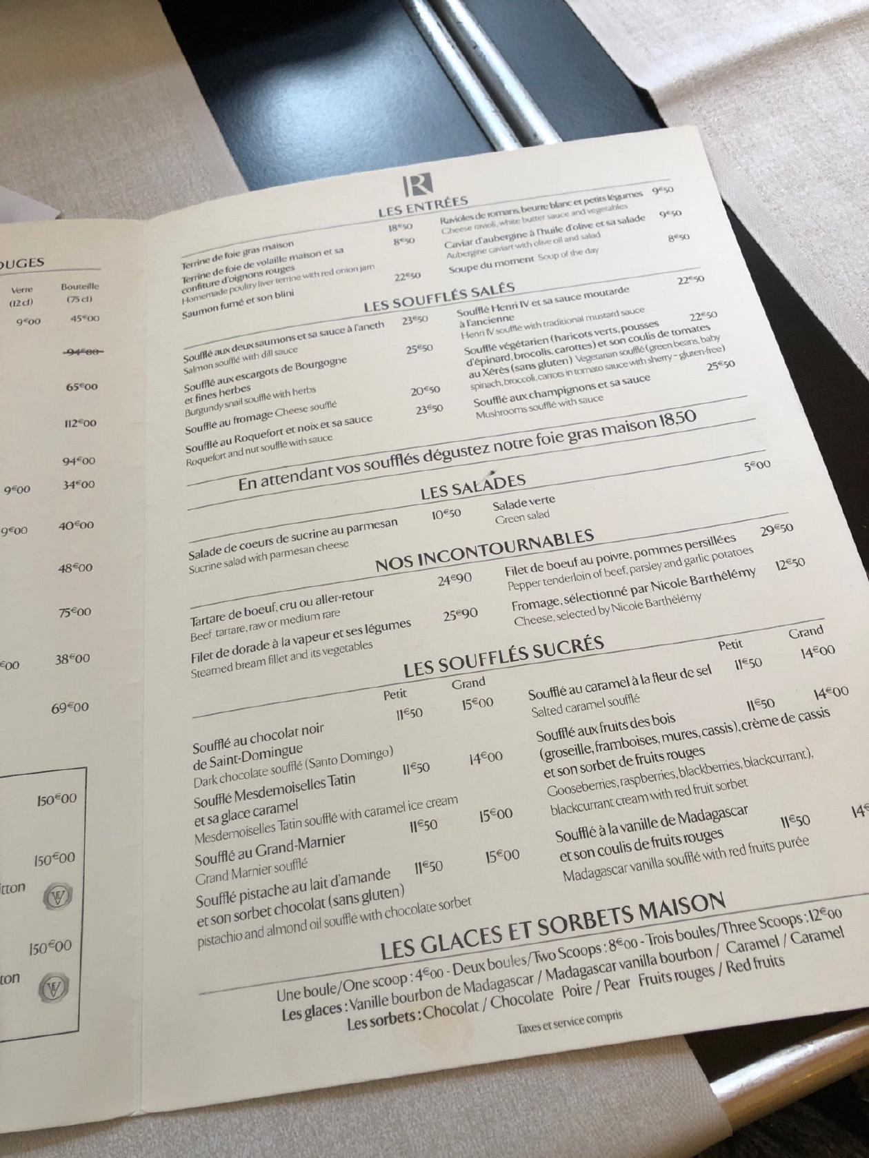 Carta del restaurante Le Récamier, Paris, 4 Rue Juliette Récamier