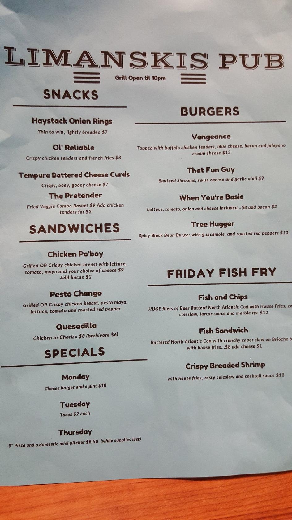 Menu at Limanski's Pub, West Allis