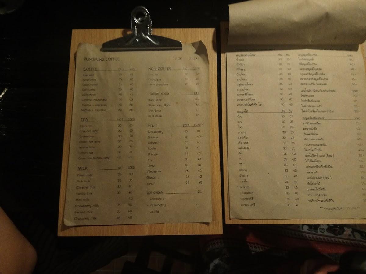 Menu at Pung Pung Coffee cafe, Phra Nakhon Si Ayutthaya