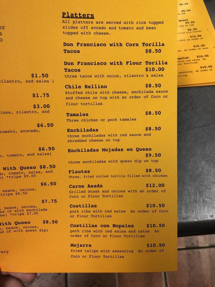 Menu at Tacos Don Francisco restaurant, Tulsa, E 11th St
