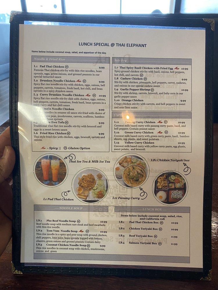 Menu at Thai Elephant restaurant, Madison