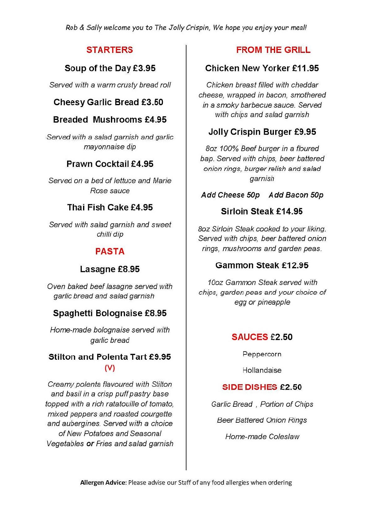 Menu at The Jolly Crispin pub & bar, Long Sutton