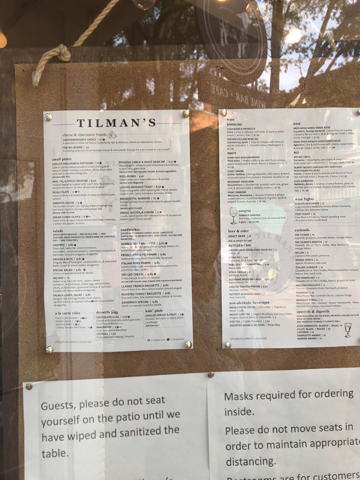 Menu at Tilman's pub & bar, Charlottesville